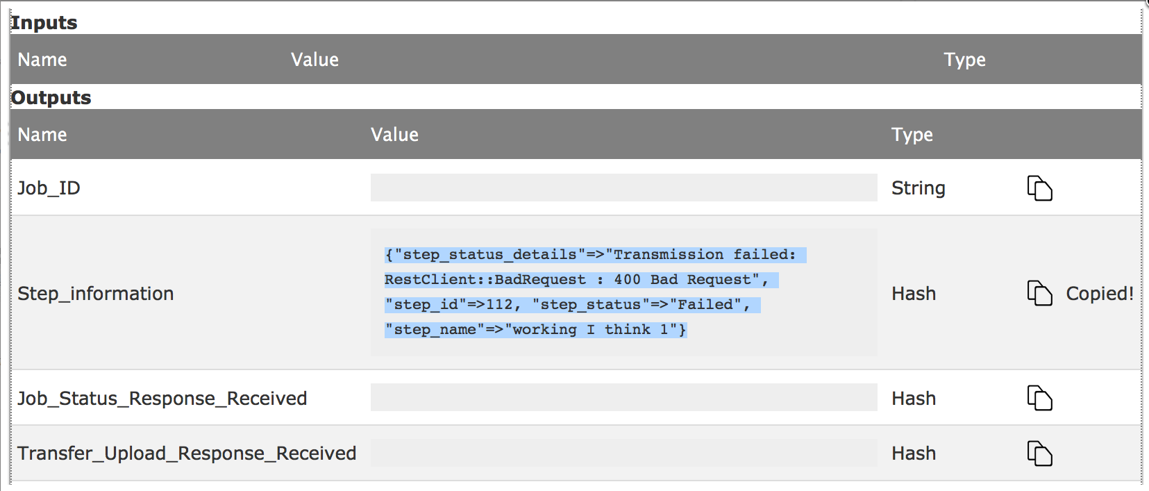 Copying Work Step Inputs and Outputs